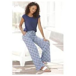 Overall Lascana, Damen, Gr. 34, N-Gr, blau (blau bedruckt), Jersey, Obermaterial: 100% Viskose, bedruckt, figurumspielend lang, Rundhals, Overalls Overall, mit weitem Bein und Taschen, sommerlicher Jumpsuit, 2-in-1-Look