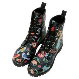 Schn&uuml;rboots DOGO "Long Boots Schn&uuml;rstiefel Flower & Birds Black Damen", Damen, Gr. 38, Normalschaft, schwarz, Lederimitat, Schuhe Schn&uuml;rboots, Handgefertigt