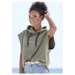 Kapuzensweatshirt ELBSAND "Catia", Damen, Gr. M (38), gr&uuml;n (khaki), Sweatware, Obermaterial: 95% Baumwolle, 5% Elasthan, unifarben, figurumspielend h&uuml;ftlang, Sweatshirts, kurz&auml;rmliger Hoodie mit Logodruck hinten