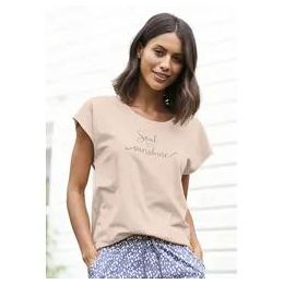 T-Shirt Vivance DREAMS, Damen, Gr. 36/38, rot (apricot), Single Jersey, Obermaterial: 50% Baumwolle, 50% Viskose, bedruckt, unifarben, loose fit h&uuml;ftlang, Rundhals, angeschnitten, Shirts T-Shirt, mit Sommer-Statementdruck