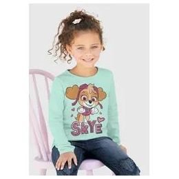 Langarmshirt PAW PATROL, M&auml;dchen, Gr. 128/134, gr&uuml;n (mint), Jersey, Obermaterial: 100% Baumwolle, bedruckt, Basic h&uuml;ftlang, Rundhals, abgesteppte Kante, Shirts Langarmshirt, Druck mit Glitzerdetails