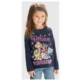 Langarmshirt PAW PATROL, M&auml;dchen, Gr. 128/134, blau, Jersey, Obermaterial: 100% Baumwolle, bedruckt, Basic h&uuml;ftlang, Rundhals, abgesteppte Kante, Shirts Langarmshirt, Schriftzug mit PAW PATROL Team