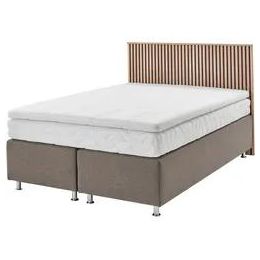 Boxspringbett "Quercus", beige (schwarz, beige), L:206cm, Kopfteil MDF/Dekor Eiche hell, Boxenbezug: Feinstruktur 100% Polyester, Box: Holzwerkstoff mit Bonnellfederung, F&uuml;&szlig;e: verchromtes Metall, Topper: Kaltschaum, Westfalia Schlafkomfort, Komplettbetten, Boxspringbett, wahlweise mit LED-Beluchtung, 3 Matratzenarten zur Auswahl