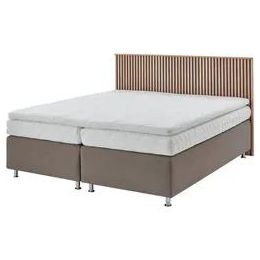 Boxspringbett "Quercus", beige (schwarz, beige), L:206cm, Kopfteil MDF/Dekor Eiche hell, Boxenbezug: Feinstruktur 100% Polyester, Box: Holzwerkstoff mit Bonnellfederung, F&uuml;&szlig;e: verchromtes Metall, Topper: Kaltschaum, Westfalia Schlafkomfort, Komplettbetten, Boxspringbett, wahlweise mit LED-Beluchtung, 3 Matratzenarten zur Auswahl
