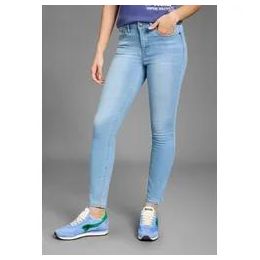Slim-fit-Jeans Kangaroos "CROPPED HIGH WAIST SLIM FIT", Damen, Gr. 34, N-Gr, blau (light blau u), Denim/Jeans, Obermaterial: 80% Baumwolle, 18% Polyester, 2% Elasthan, Abriebeffekte, Basic, extraeng kn&ouml;chellang, Jeans Slim-fit-Jeans, schmale Passform, R&ouml;hrenjeans, trendige Used-Waschung