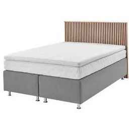 Boxspringbett "Quercus", grau, L:206cm, Kopfteil MDF/Dekor Eiche hell, Boxenbezug: Feinstruktur 100% Polyester, Box: Holzwerkstoff mit Bonnellfederung, F&uuml;&szlig;e: verchromtes Metall, Topper: Kaltschaum, Westfalia Schlafkomfort, Komplettbetten, Boxspringbett, wahlweise mit LED-Beluchtung, 3 Matratzenarten zur Auswahl