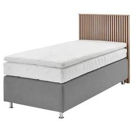 Boxspringbett "Quercus", grau, L:206cm, Kopfteil MDF/Dekor Eiche hell, Boxenbezug: Feinstruktur 100% Polyester, Box: Holzwerkstoff mit Bonnellfederung, F&uuml;&szlig;e: verchromtes Metall, Topper: Kaltschaum, Westfalia Schlafkomfort, Komplettbetten, Boxspringbett, wahlweise mit LED-Beluchtung, 3 Matratzenarten zur Auswahl