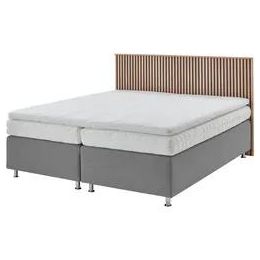 Boxspringbett "Quercus", grau, L:206cm, Kopfteil MDF/Dekor Eiche hell, Boxenbezug: Feinstruktur 100% Polyester, Box: Holzwerkstoff mit Bonnellfederung, F&uuml;&szlig;e: verchromtes Metall, Topper: Kaltschaum, Westfalia Schlafkomfort, Komplettbetten, Boxspringbett, wahlweise mit LED-Beluchtung, 3 Matratzenarten zur Auswahl