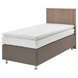 Boxspringbett "Quercus", beige (schwarz, beige), L:206cm, Kopfteil MDF/Dekor Eiche hell, Boxenbezug: Feinstruktur 100% Polyester, Box: Holzwerkstoff mit Bonnellfederung, F&uuml;&szlig;e: verchromtes Metall, Topper: Kaltschaum, Westfalia Schlafkomfort, Komplettbetten, Boxspringbett, wahlweise mit LED-Beluchtung, 3 Matratzenarten zur Auswahl