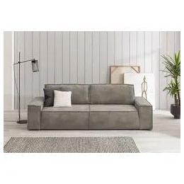 3-Sitzer Home Affaire "SHERWOOD Schlafsofa (257cm) Cord, Samtvelours, Vintage-Lederoptik", grau (mittelgrau), B:257cm H:85cm T:106cm, 100% Polyester, Sofas, Schlaffunktion mit Bettkasten (ca. 136/200cm)