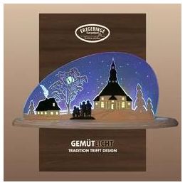 Lichterbogen WEIGLA "LED Seiffener Kirche, Dekolampe aus Holz & Acrylglas, Made in Germany", beige (natur, blau), B:47cm H:22cm T:8,2cm, Holzwerkstoff, Schwibb&ouml;gen, Erzgebirge garantiert, Weihnachtsdeko Innen, Weihnachtsbeleuchtung