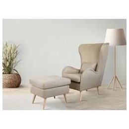 Polstergarnitur Home Affaire "Charles", beige, B:78cm H:118cm T:152cm, 100% Polyester, Sitzm&ouml;bel-Sets, Lesesessel Sessel mit Hocker Ohrensessel mit Hocker, gro&szlig; und gem&uuml;tlich im moderner Optik