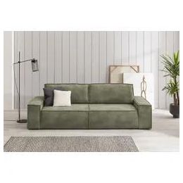 3-Sitzer Home Affaire "SHERWOOD Schlafsofa (257cm) Cord, Samtvelours, Vintage-Lederoptik", gr&uuml;n (olivgr&uuml;n), B:257cm H:85cm T:106cm, 100% Polyester, Sofas, Schlaffunktion mit Bettkasten (ca. 136/200cm)