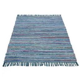 Teppich CarpetFine "Kelim Chindi, Wendeteppich", blau, B:200cm H:6mm L:250cm, Baumwolle, Polyester, Teppiche, Teppich, handgewebt, Fleckerlteppich mit Fransen, auch vielen in L&auml;ufergr&ouml;&szlig;en