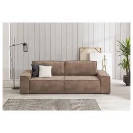 3-Sitzer Home Affaire "SHERWOOD Schlafsofa (257cm) Cord, Samtvelours, Vintage-Lederoptik", braun (cognac), B:257cm H:85cm T:106cm, 100% Polyester, Sofas, Schlaffunktion mit Bettkasten (ca. 136/200cm)