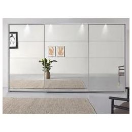Schwebet&uuml;renschrank Rauch "Kleiderschrank Schrank Garderobe OTELI inkl. 3 Innenschubladen", grau (seidengrau), B:368cm H:214cm T:68cm, Holzwerkstoff, Schr&auml;nke, Schwebet&uuml;renschrank, mit Spiegelfront und Passepartout optional mit Beleuchtung