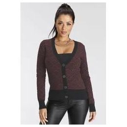 Strickjacke Melrose, Damen, Gr. 34, bunt (schwarz, bordeaux), Feinstrick, Obermaterial: 50% Viskose, 28% Polyester, 22% Polyamid, Jacquardmuster, figurbetont h&uuml;ftlang, tiefer V-Ausschnitt, Rippb&uuml;ndchen, Strickjacken Strickjacke, in trendy Jacquardmuster mit Knopfleiste