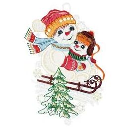 Fensterbild "Schneemann mit Kind" Gr. 1, bunt (bunt, ecru, goldfarben), B:20cm H:30cm, Polyester, W. REUTER & SOHN - PLAUENER SPITZE, Fensterbilder, Made in Germany