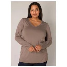 Langarmshirt Base Level Curvy, Damen, Gr. 50, grau (schwarz taupe), Jersey, Obermaterial: 96% Viskose, 4% Elasthan, unifarben, regular fit h&uuml;ftbedeckend, V-Ausschnitt, Shirts Langarmshirt, mit V-Ausschnitt