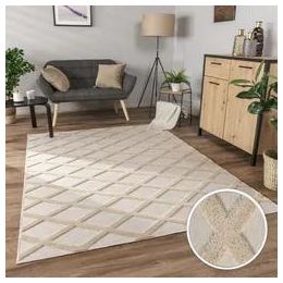 Teppich Paco Home "Utrecht 642", beige, B:230cm H:4mm L:340cm, Polyester, Teppiche, Teppich, Kurzflor, Uni Farben, 3D-Design, Rauten Muster, Hoch-Tief Effekt