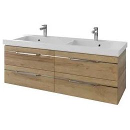 Waschtisch SAPHIR "Serie Balto Mineralmarmor-Waschtisch mit Unterschrank, 147,8 cm breit", braun (riviera eiche quer nachbildung, riviera eiche quer nachbildung), B:147,8cm H:55,6cm T:50,8cm, Waschtische, Waschtisch, Doppel-Waschplatz mit 4 Schubladen, in verschiedene Ausf&uuml;hrungen