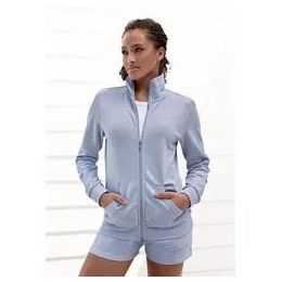 Sweatjacke BENCH. LOUNGEWEAR, Damen, Gr. 36/38, blau (hellblau meliert), Interlock, Obermaterial: 52% Baumwolle, 48% Polyester, bestickt, meliert, unifarben, Basic h&uuml;ftlang, Rippb&uuml;ndchen, Sweatjacken Sweatjacke, mit gl&auml;nzender Logostickerei am Stehkragen, Loungewear