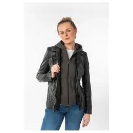 Lederjacke Mauritius "Adelyn", Damen, Gr. 34, schwarz, Obermaterial: 100% Schafsleder. Futter: 100% Baumwolle. Kapuze: 55% Polyester, 45% Baumwolle. &Auml;rmelfutter: 100% Polyester, sehr figurbetont Po-bedeckend, mit Rei&szlig;verschluss, Jacken, 2-in-1-Lederjacke