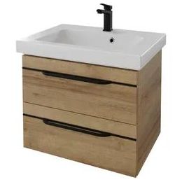 Waschtisch SAPHIR "Serie Balto Mineralmarmor-Waschtisch mit Unterschrank, 64,4 cm breit", braun (riviera eiche quer nachbildung, riviera eiche quer nachbildung), B:64,4cm H:55,6cm T:46cm, Waschtische, Waschtisch, Waschplatz mit 2 Schubladen, Badschrank in verschiedenen Ausf&uuml;hrungen