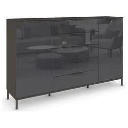 Schubkastenkommode Rauch "Kommode T&uuml;rkommode Sideboard Kombikommode FLIPP mit Glasfront", grau (graphit, glas basalt), B:180cm H:111cm T:42cm, Holzwerkstoff, Sideboards, 2-trg mit 5 Schubladen und Soft-Close-Funktion, Glasfront, 2 Breiten
