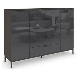 Schubkastenkommode Rauch "Kommode T&uuml;rkommode Sideboard Kombikommode FLIPP mit Glasfront", grau (graphit, glas basalt), B:160cm H:111cm T:42cm, Holzwerkstoff, Sideboards, 2-trg mit 5 Schubladen und Soft-Close-Funktion, Glasfront, 2 Breiten