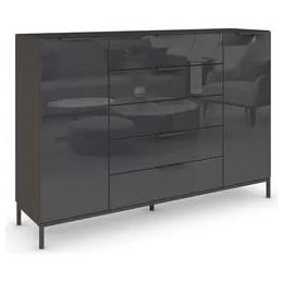 Schubkastenkommode Rauch "Kommode T&uuml;rkommode Sideboard Kombikommode FLIPP mit Glasfront", grau (graphit, glas basalt), B:180cm H:110cm T:42cm, Holzwerkstoff, Sideboards, 2-t&uuml;rig, 5 Schubladen, Soft-Close, Oberboden und Front Glas, 2 Breiten
