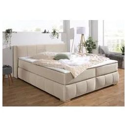 Boxspringbett Home Affaire "Chelles", beige, B:187cm L:225cm, Samtoptik (100% Polyester);Bezug der Spiegelfl&auml;che Matratzendrell aus 100% Polyester;Struktur fein 100% Polyester), Komplettbetten, Boxspringbett, inkl. Kaltschaumtopper, in 5 Breiten und 3 Matratzenarten