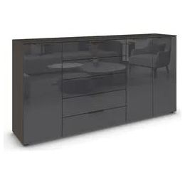 Kombikommode Rauch "Kommode T&uuml;rkommode Sideboard Kombikommode FLIPP mit Glasfront", grau (graphit, glas basalt), B:200cm H:100cm T:42cm, Holzwerkstoff, Sideboards, Kombikommode, 3-t&uuml;rig mit 5 Schubladen und Soft-Close-Funktion sowie Glasfront