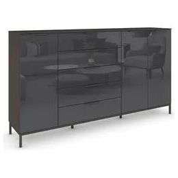 Kombikommode Rauch "Kommode T&uuml;rkommode Sideboard Kombikommode FLIPP mit Glasfront", grau (graphit, glas basalt), B:200cm H:111cm T:42cm, Holzwerkstoff, Sideboards, Kombikommode, 3-t&uuml;rig mit 5 Schubladen und Soft-Close-Funktion sowie Glasfront