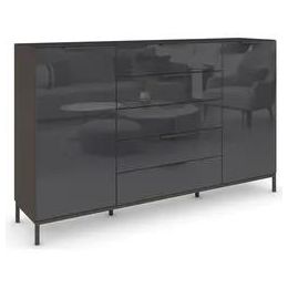 Schubkastenkommode Rauch "Kommode T&uuml;rkommode Sideboard Kombikommode FLIPP mit Glasfront", grau (graphit, glas basalt), B:160cm H:110cm T:42cm, Holzwerkstoff, Sideboards, 2-t&uuml;rig, 5 Schubladen, Soft-Close, Oberboden und Front Glas, 2 Breiten