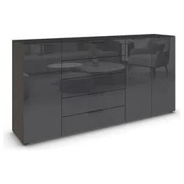 Kombikommode Rauch "Kommode T&uuml;rkommode Sideboard Kombikommode FLIPP mit Glasfront", grau (graphit, glas basalt), B:200cm H:99cm T:42cm, Holzwerkstoff, Sideboards, Kombikommode, 3-t&uuml;rig, 5 Schubladen, Soft-Close-Funktion, Oberboden und Front Glas