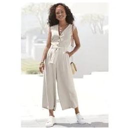 Overall Lascana, Damen, Gr. 42, N-Gr, beige (sand), Web, Obermaterial: 85% Viskose, 15% Leinen, unifarben, figurumspielend lang, V-Ausschnitt, Overalls Overall, und Taschen, sommerlicher Jumpsuit, casual-chic