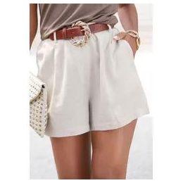 Webshorts Lascana, Damen, Gr. 42, N-Gr, beige (sand), Web, Obermaterial: 85% Viskose, 15% Leinen, unifarben, figurumspielend kurz, Hosen, mit Taschen, Leinenhose, Sommerhose mit G&uuml;rtelschlaufen, modisch