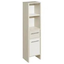 Midischrank SAPHIR "Quickset 350 Badschrank 33 cm breit, 1 T&uuml;r, 1 Schublade, 2 Regalf&auml;cher", beige (pinie ida hell, wei&szlig; glanz), B:33cm H:136,2cm T:28cm, Holzwerkstoff, Schr&auml;nke, Midischrank, Badezimmer-Midischrank Pinie Ida hell, Griffe alufarbig