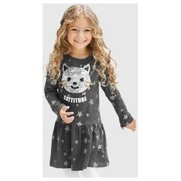 Jerseykleid Kidsworld "Kleid mit Pailletten", M&auml;dchen, Gr. 128/134, N-Gr, grau (anthrazit, gemustert), Jersey, Obermaterial: 57% Baumwolle, 38% Polyester, 5% Elasthan, bedruckt, figurumspielend ca. Mitte Oberschenkel, Rundhals, abgesteppte Kante, Kleider Jerseykleid, Shirtkleid mit s&uuml;&szlig;er Paillettenapplikation