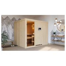Sauna Karibu "Nybro", beige (naturbelassen), (ohne Ofen), Saunen, Ofen 9 KW externe Strg easy