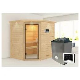 Sauna Karibu "Mia (Fronteinstieg)", beige (naturbelassen), (ohne Ofen), Saunen, Ofen 9 KW externe Strg easy
