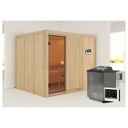 Sauna Karibu "Nybro", beige (naturbelassen), (ohne Ofen), Saunen, Ofen 9 kW Bio externe Strg easy