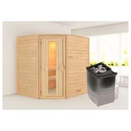 Sauna Karibu "Mia (Fronteinstieg)", beige (naturbelassen), (ohne Ofen), Saunen, Ofen 9 kW integr. Strg