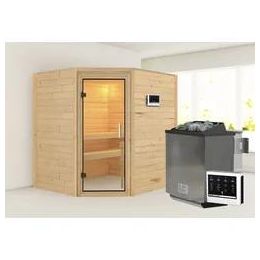 Sauna Karibu "Mia (Fronteinstieg)", beige (naturbelassen), (ohne Ofen), Saunen, Ofen 9 kW Bio externe Strg easy
