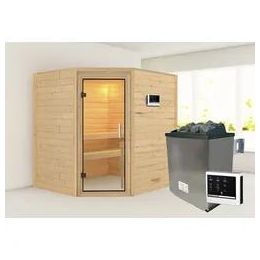 Sauna Karibu "Mia (Fronteinstieg)", beige (naturbelassen), (ohne Ofen), Saunen, Ofen 9 KW externe Strg easy