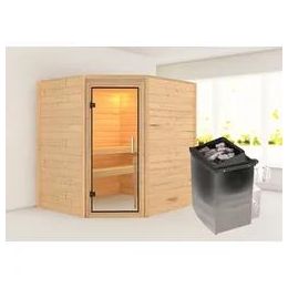 Sauna Karibu "Mia (Fronteinstieg)", beige (naturbelassen), (ohne Ofen), Saunen, inklusive Ofenschutzgitter und T&uuml;r, Ofen 9 kW integr. Steuerung