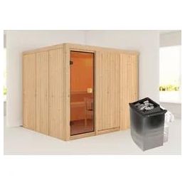 Sauna Karibu "Nybro", beige (naturbelassen), (ohne Ofen), Saunen, Ofen 9 kW integr. Strg