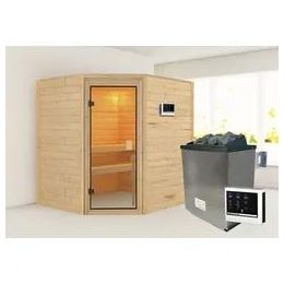 Sauna Karibu "Mia (Fronteinstieg)", beige (naturbelassen), (ohne Ofen), Saunen, Ofen 9 KW externe Strg easy