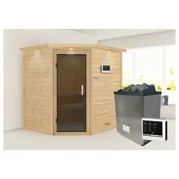 Sauna Karibu "Mia (Fronteinstieg)", beige (naturbelassen), (ohne Ofen), Saunen, Ofen 9 KW externe Strg easy